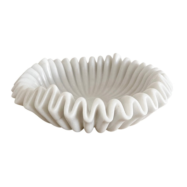 Marble Fluted Bowl - Wavy Ripple - Hand Carved – Rustic White & Wood